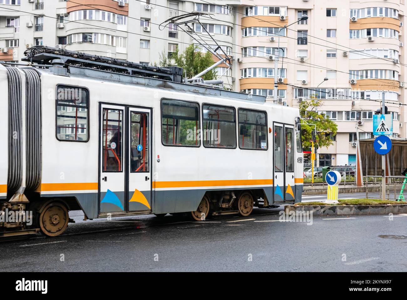 Tram in traffic. Public transport Bucharest, Romania, 2022 Stock Photo ...