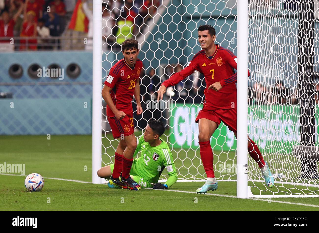 Doha, Qatar, 1st December 2022. Alvaro Morata of Spain celebrates ...