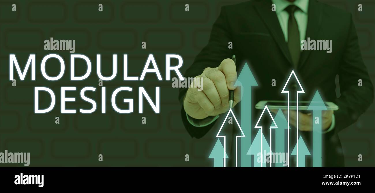 Hand writing sign Modular Design. Concept meaning product designing to produce product by ...