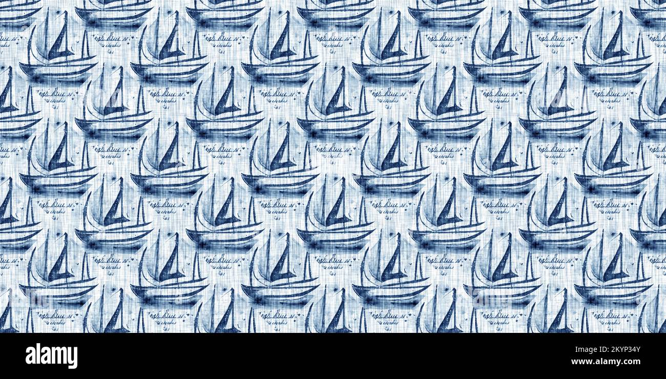 Indigo dye wash coastal damask seamless border pattern. Washed out ...