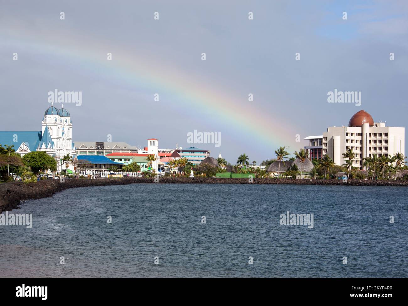 The morning view of Apia downtown and a sky with a rainbow (Samoa Stock ...