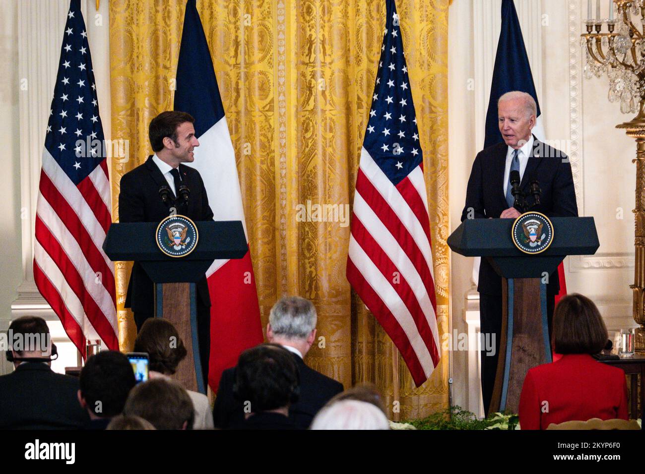 President Emmanuel Macron of France and President Joe Biden speak at a ...