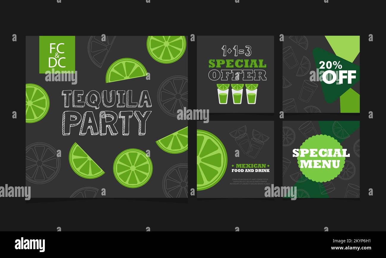 Tequila shots, special offer. Collection of square banners for social ...