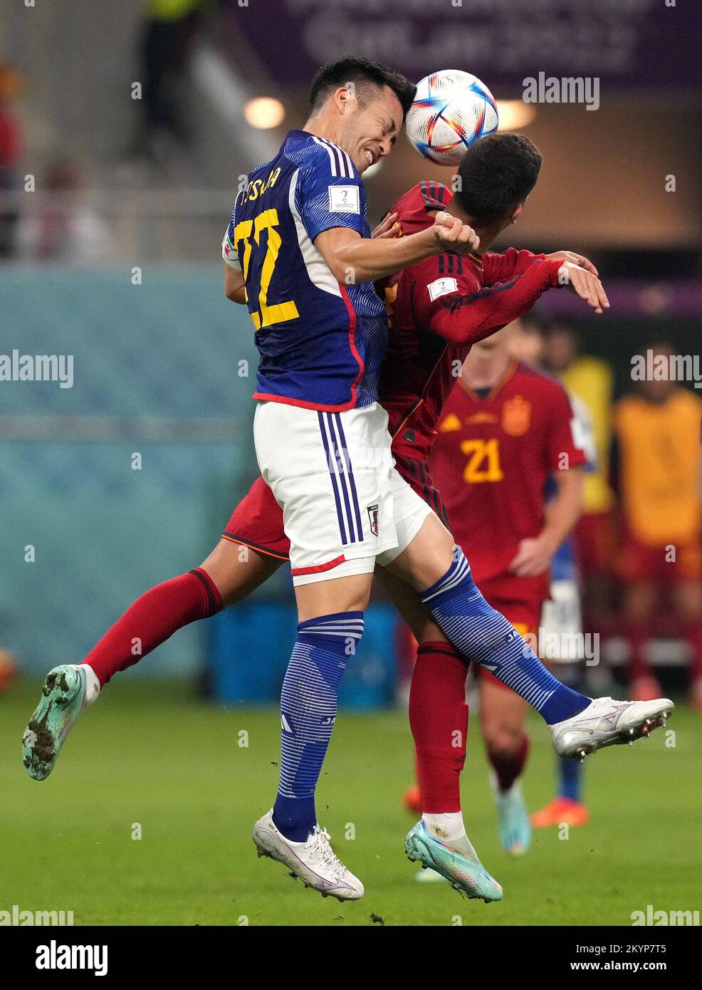 Japan's Maya Yoshida (left) and Spain's Ferran Torres battle for the ...