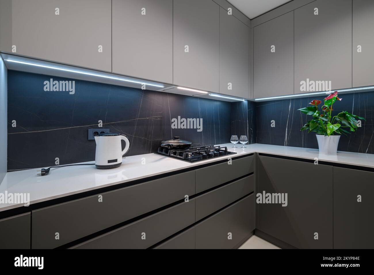 Luxury grey, white and blue kitchen details in the corner Stock Photo ...