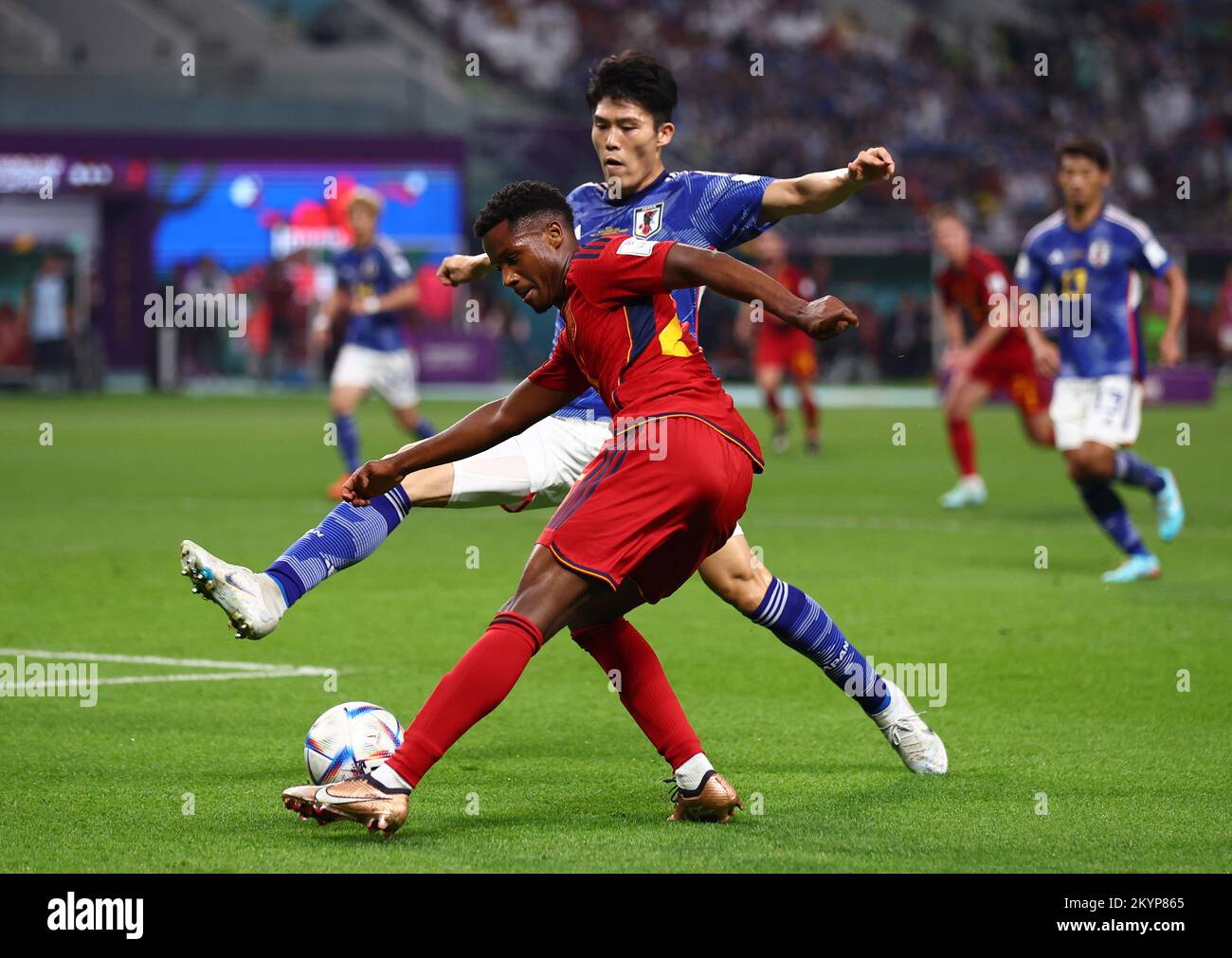 Doha, Qatar, 1st December 2022. Ansu Fati of Spain blocked by Takehiro ...