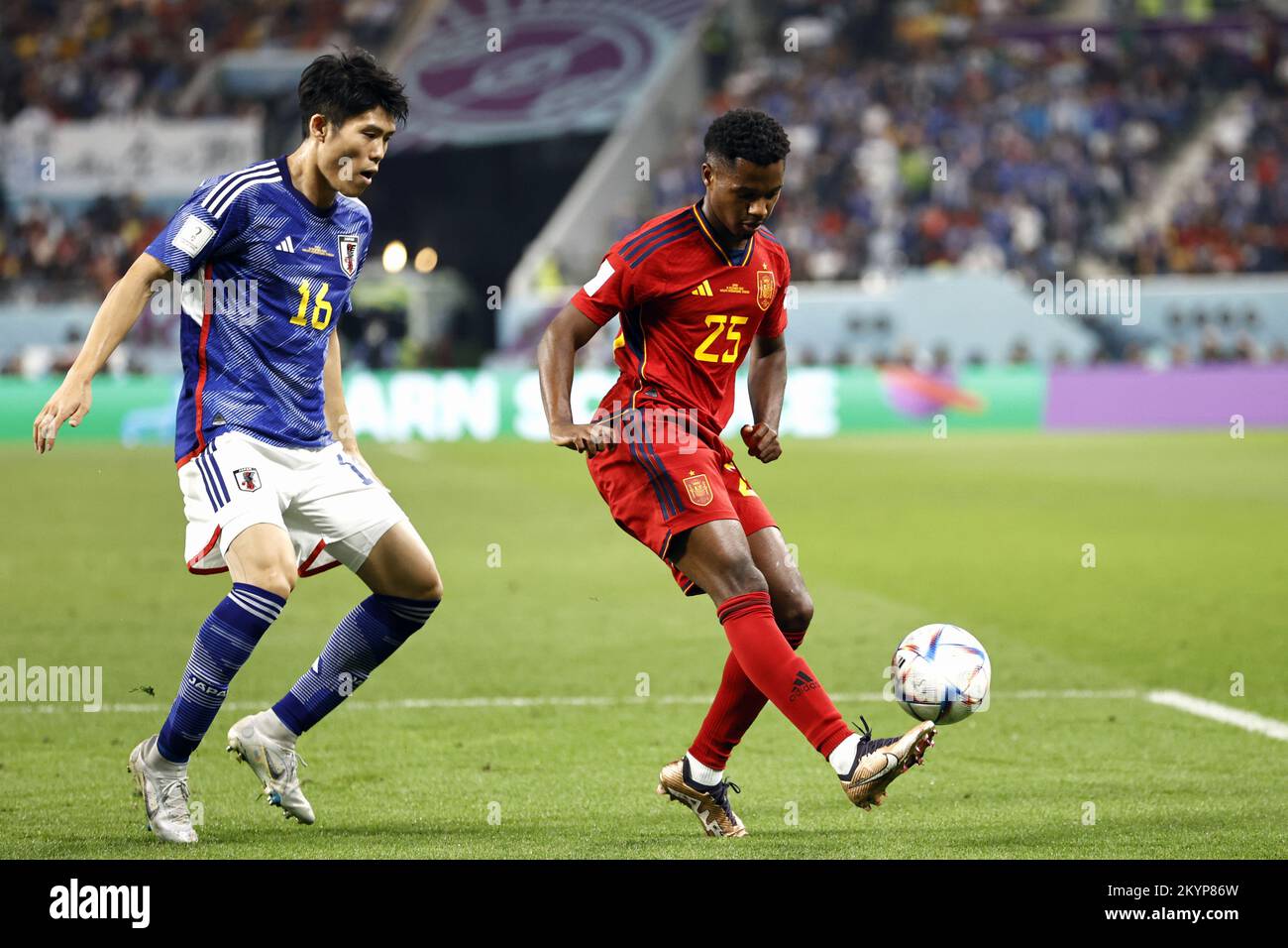 Ar-Rayyan, Qatar. December 1, 2022, (l-r) Takehiro Tomiyasu of Japan ...