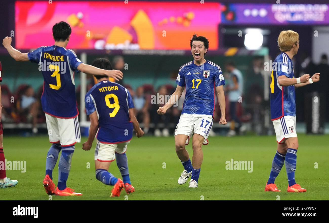 Japan's Shogo Taniguchi, Kaoru Mitoma and Ao Tanaka celebrate following ...