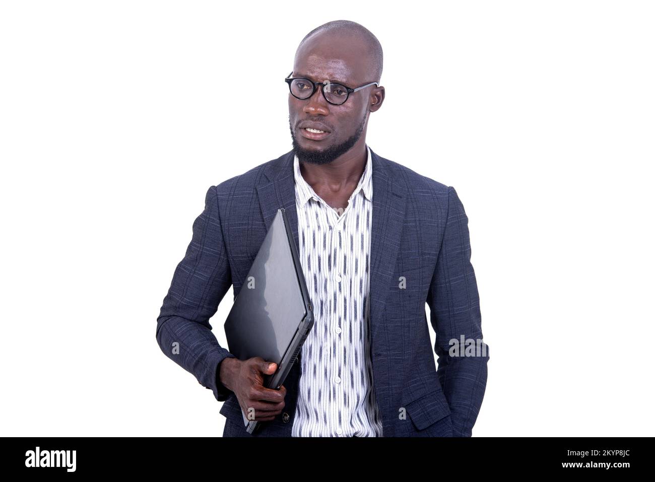 a young businessman in jacket standing on white background holding ...