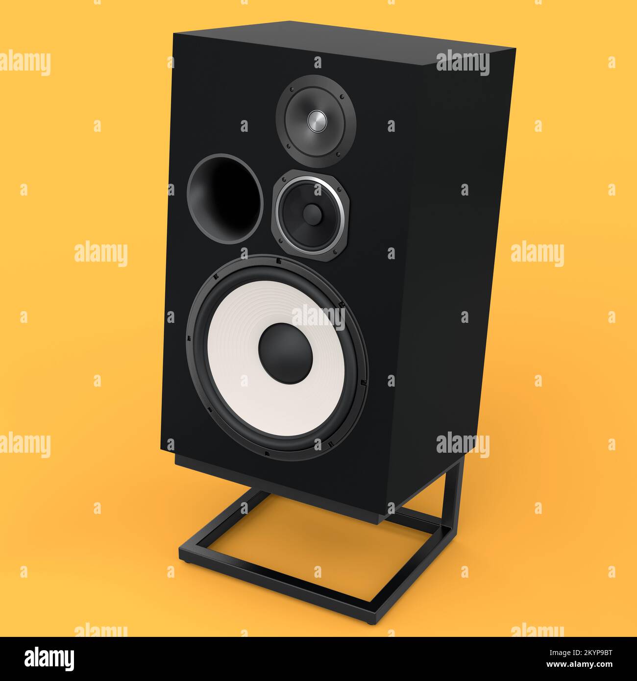 Hi-fi speakers with loudspeakers on stand isolated on yellow background ...