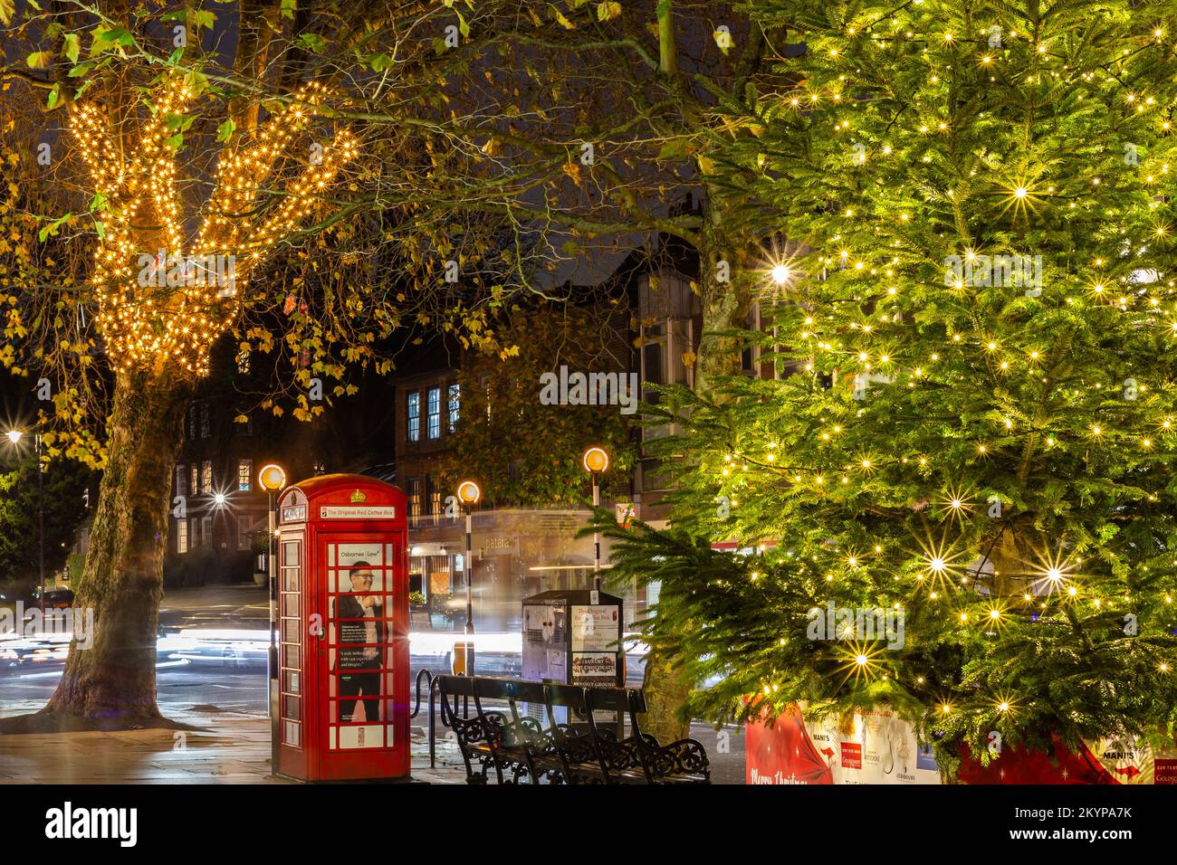 Hampstead displays its Christmas Lights and Tree.An old Red Telephone ...