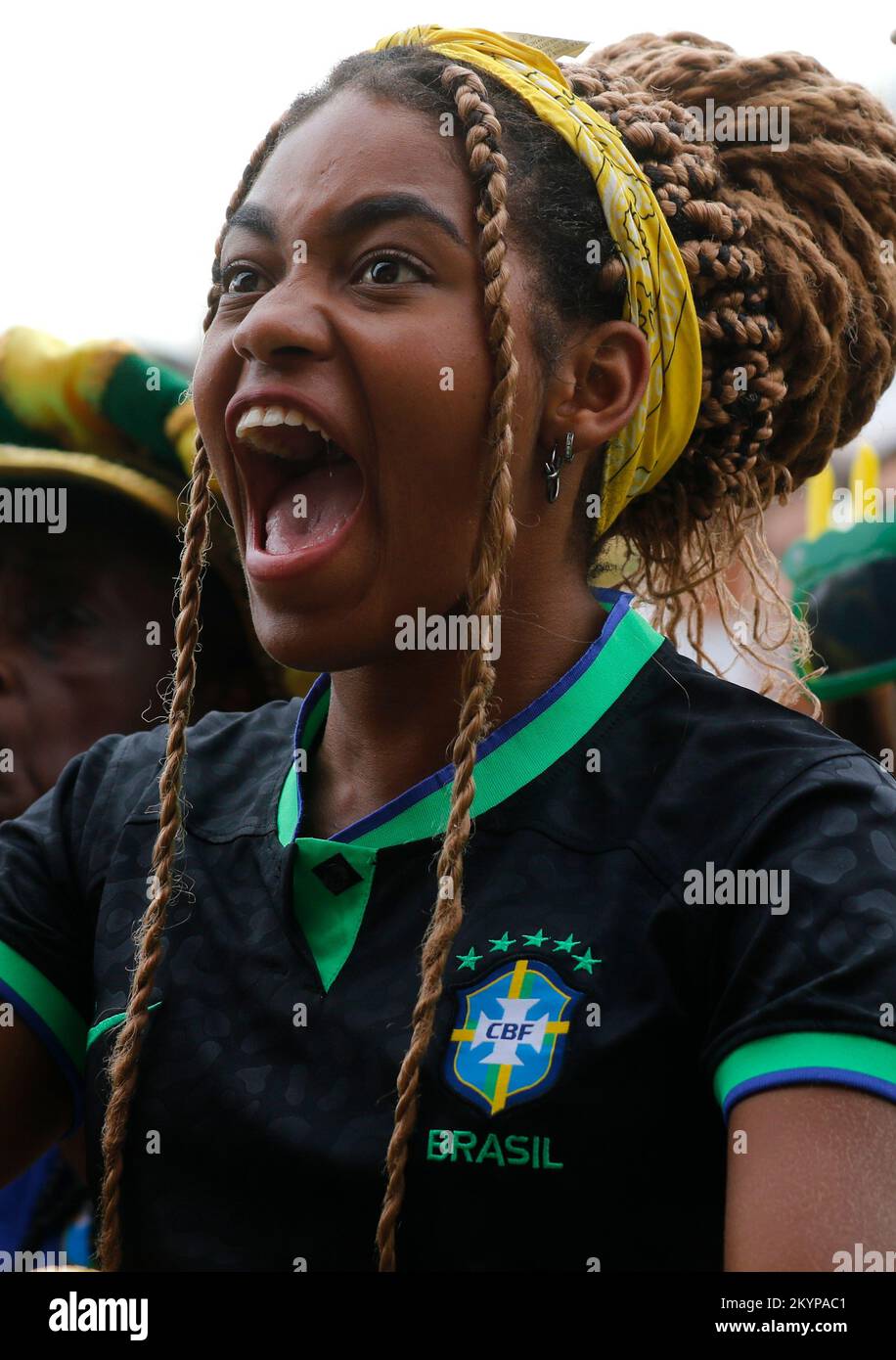 Brazilian black woman soccer fan supporting national team playing Fifa ...