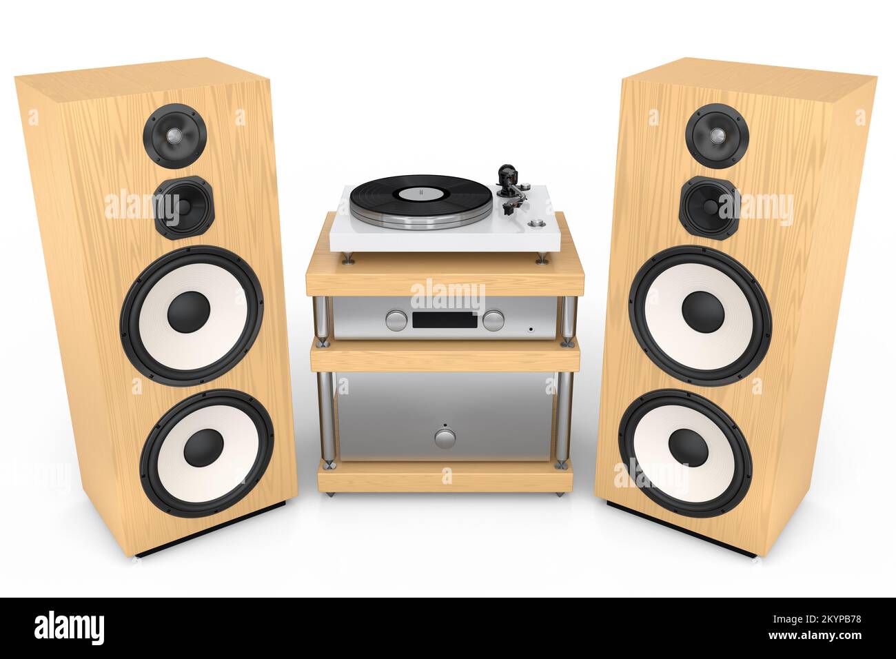 Set of Hi-fi speakers with loudspeakers and DJ turntable on white ...
