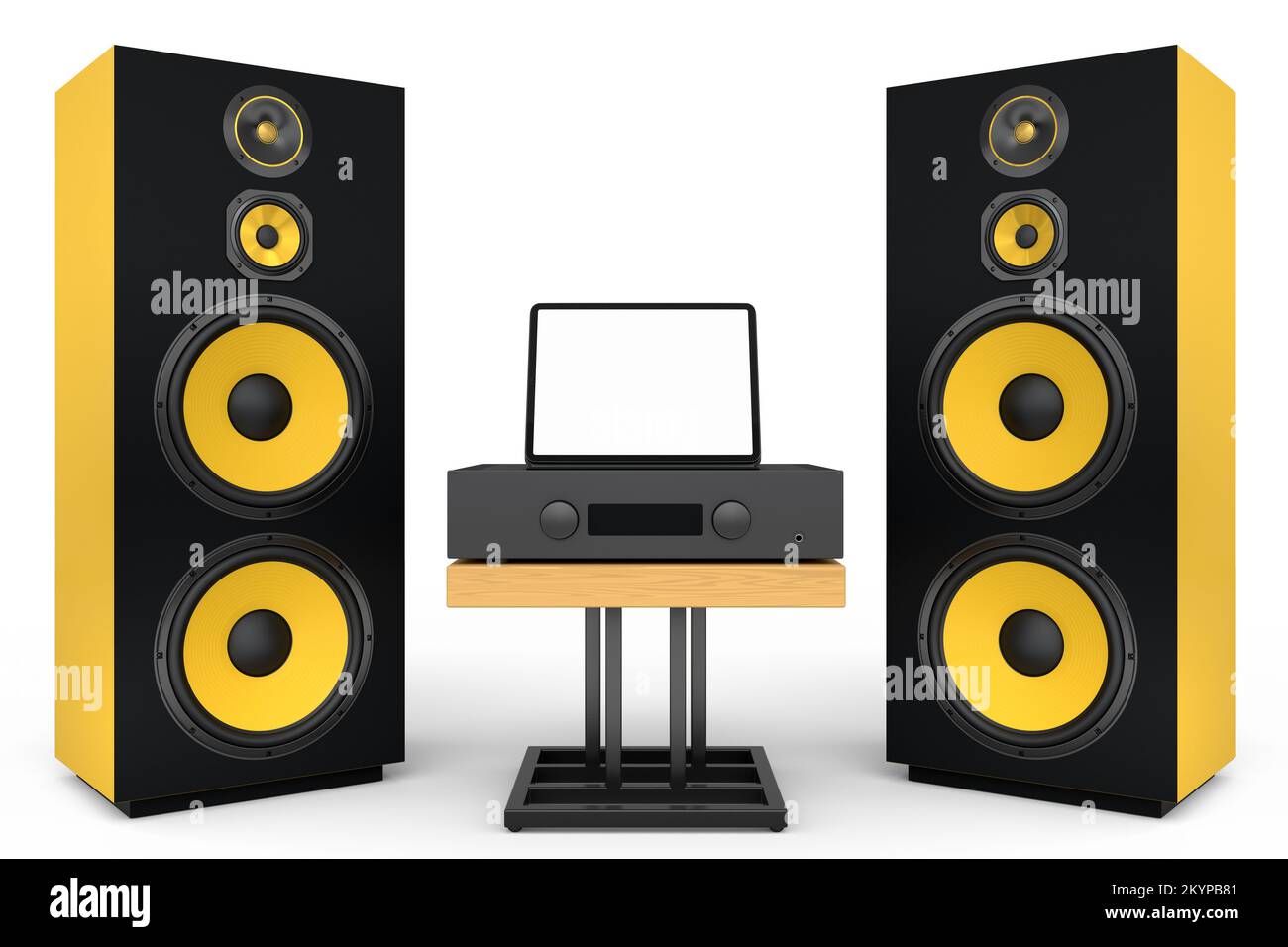 Set of Hi-fi speakers with loudspeakers and DJ turntable on white ...