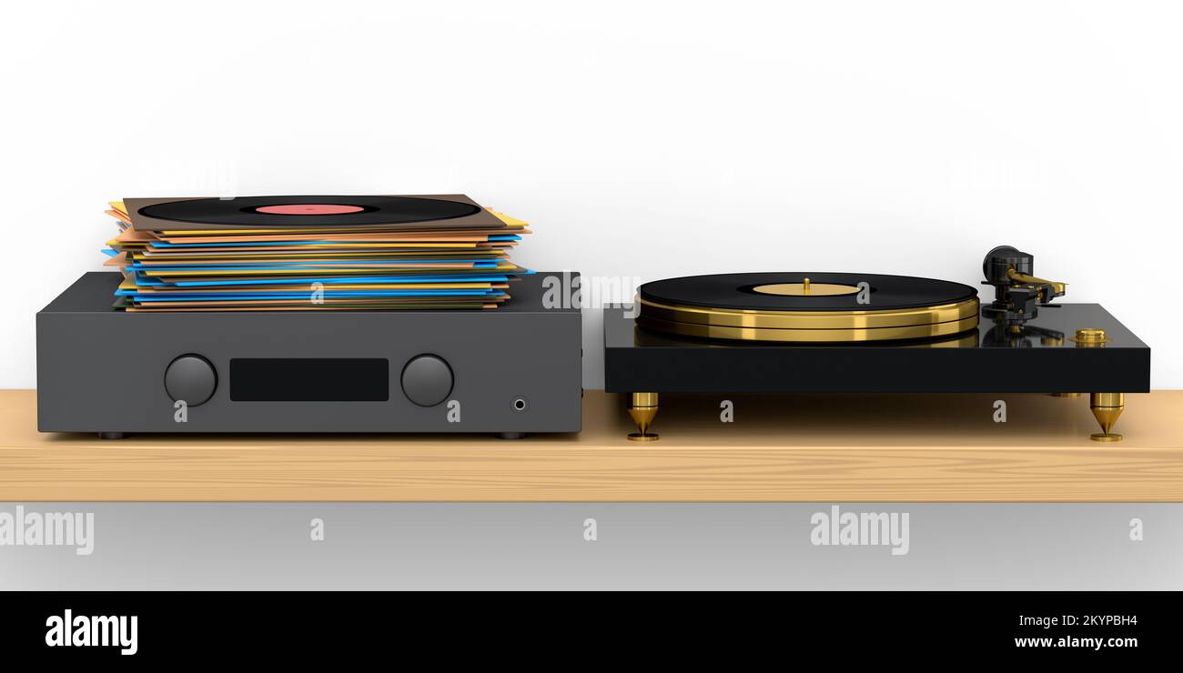 HiFi system with turntable and amplifier for home theater on white ...