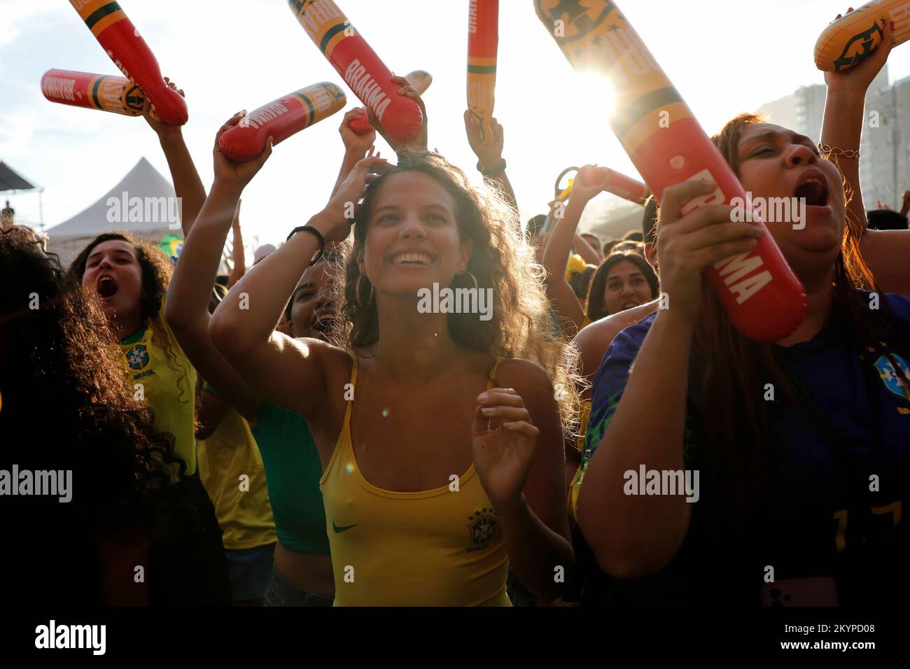 Brazilian women fans cheering at street party to support national ...