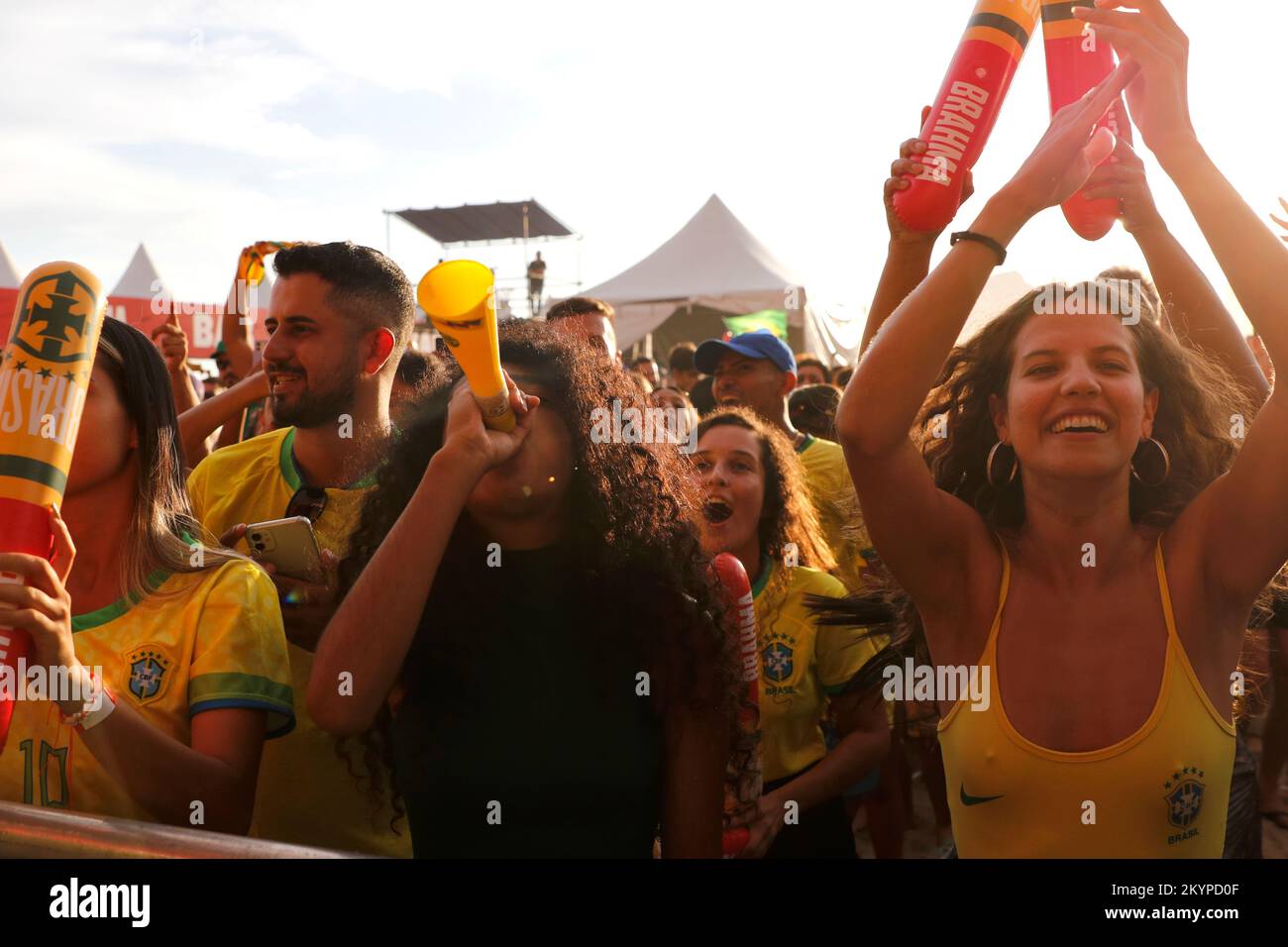 Brazilian women fans cheering at street party to support national ...