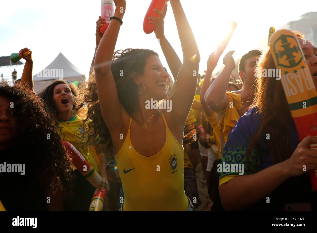 Brazilian women fans cheering at street party to support national ...