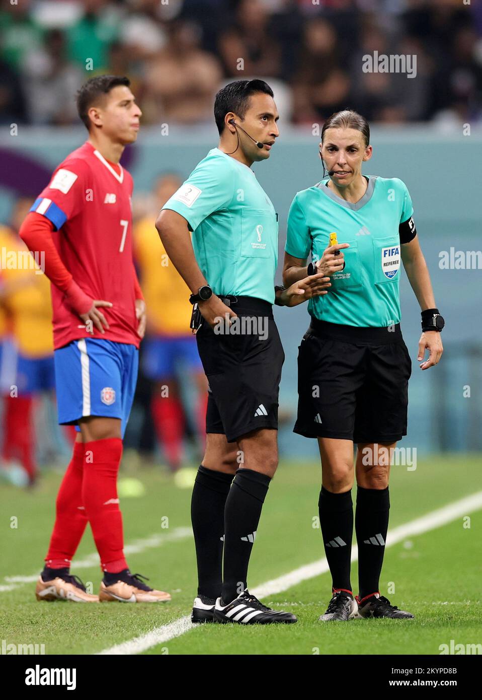 Al Khor, Qatar. 1st Dec, 2022. Referee Stephanie Frappart (R) talks to ...