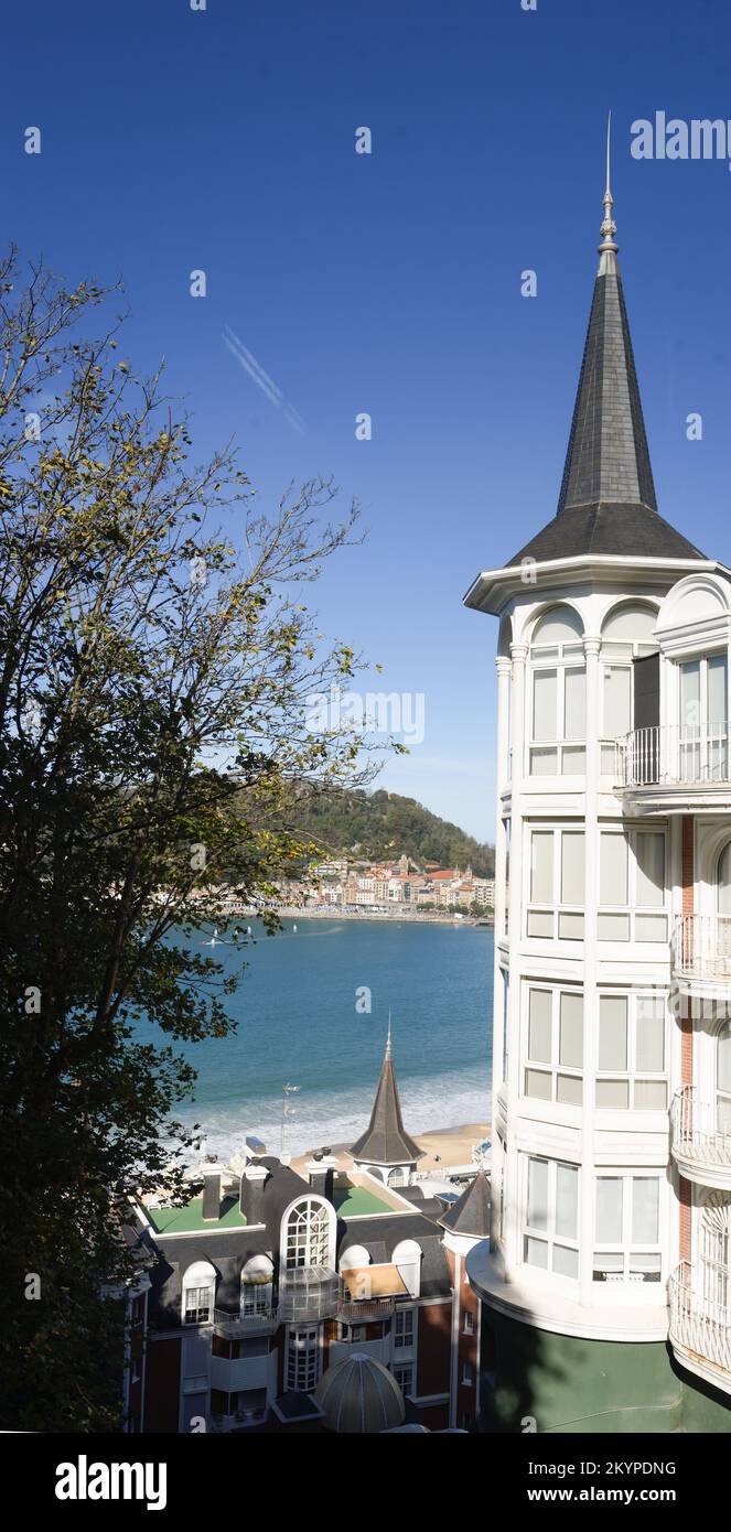 La Concha beach in San Sebastian between houses Stock Photo - Alamy