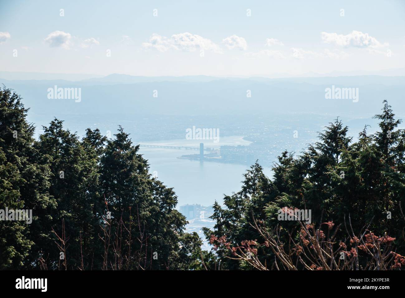 Landscape southern west side of lake Biwa (Biwako) and cityscape of ...