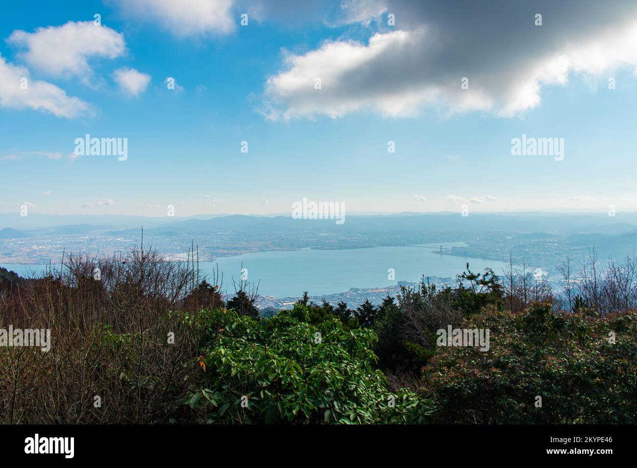 Landscape southern west side of lake Biwa (Biwako) and cityscape of ...