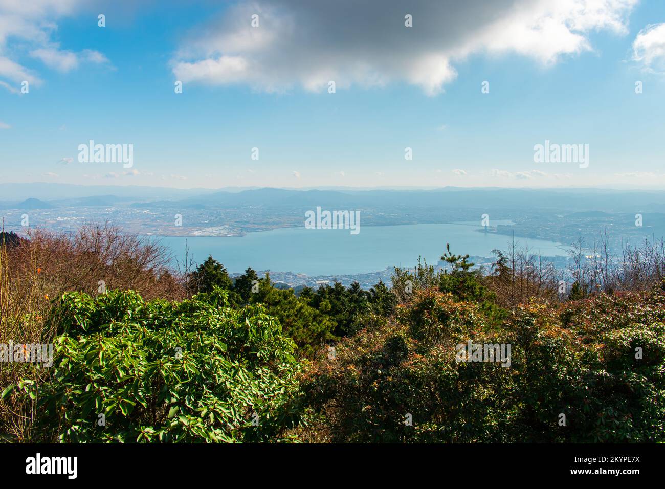 Landscape southern west side of lake Biwa (Biwako) and cityscape of ...