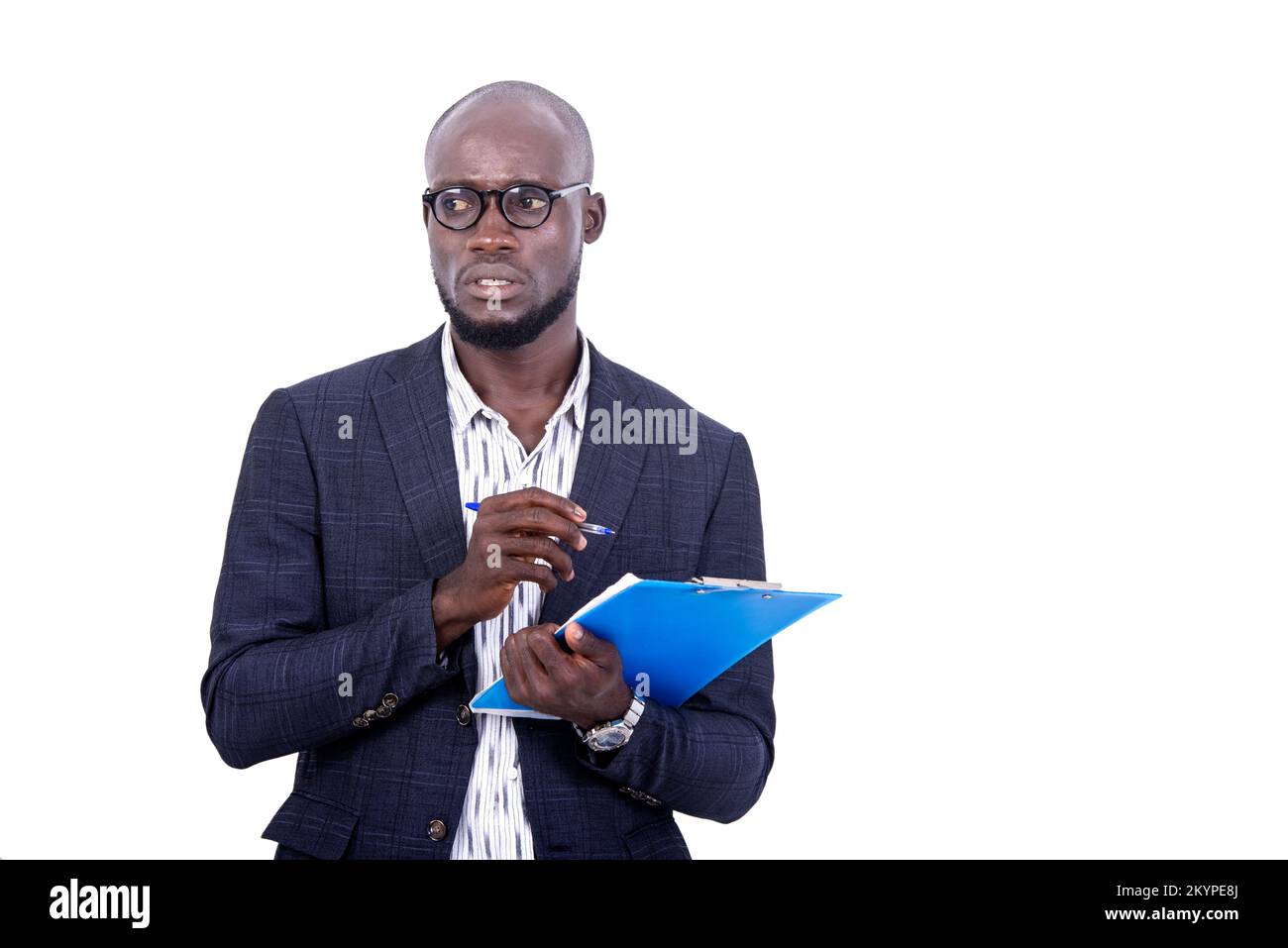 a young bearded businessman in jacket standing on white background ...