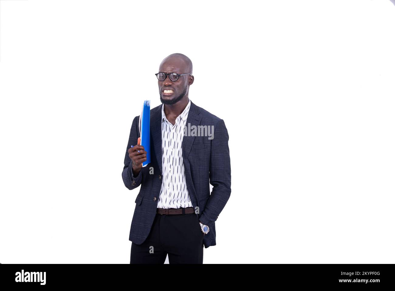 a young bearded businessman in jacket standing on white background ...