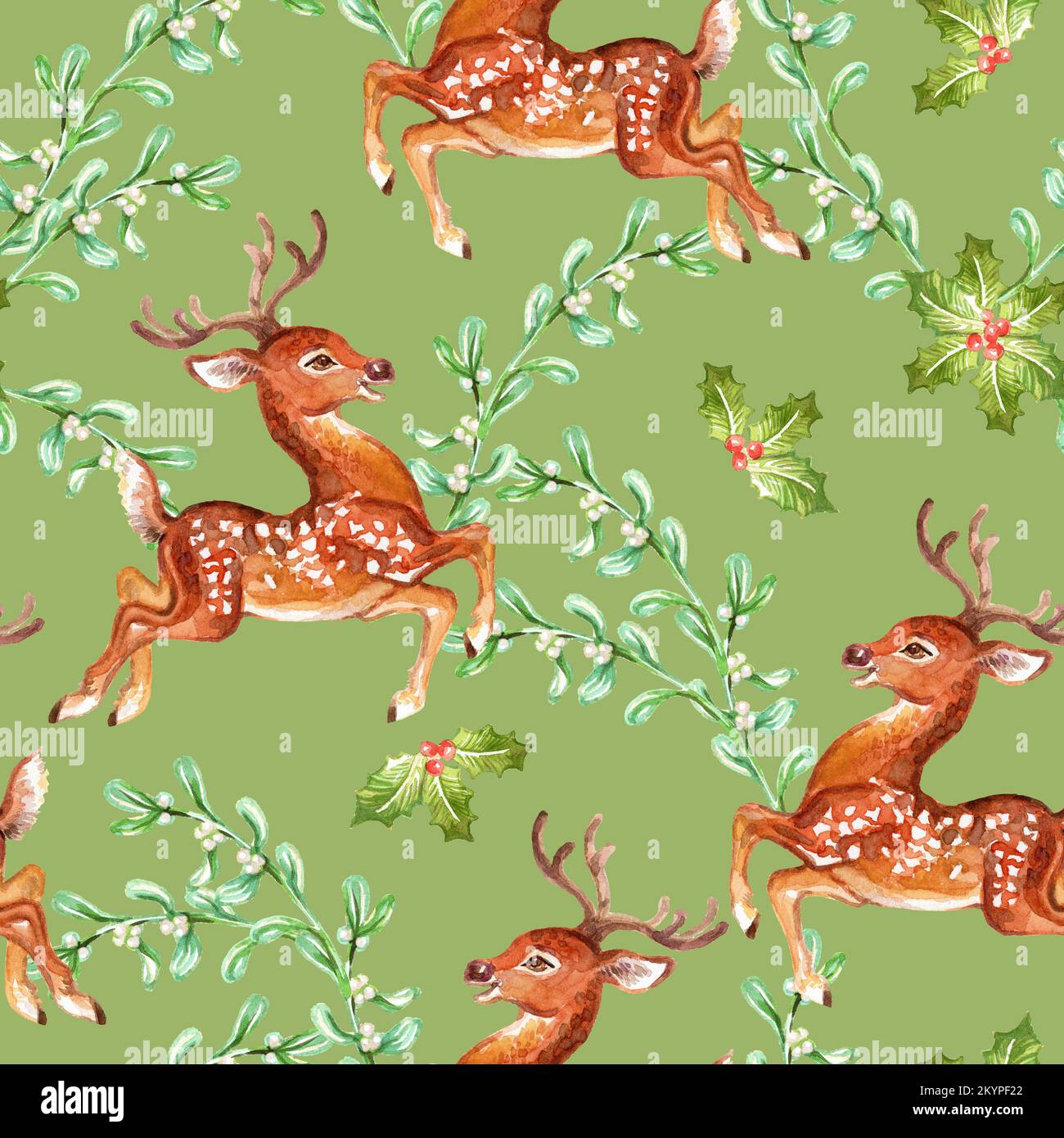Seamless pattern jumping deers, mistletoe and holly. Hand drawn ...