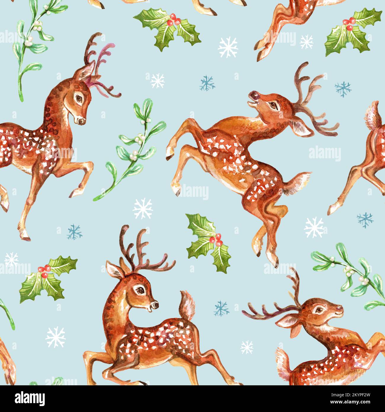 Seamless pattern deer with plants and snowflakes. Hand drawn watercolor ...