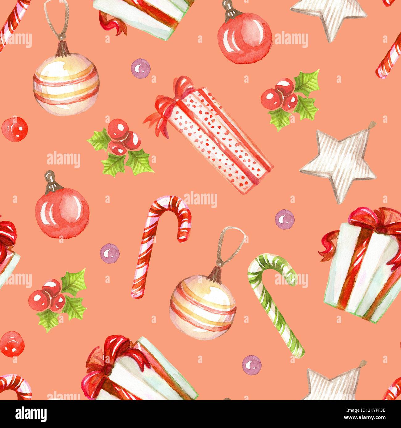 Watercolor Christmas seamless pattern with sugar cane, bells and Christmas balls. Hand drawn ...