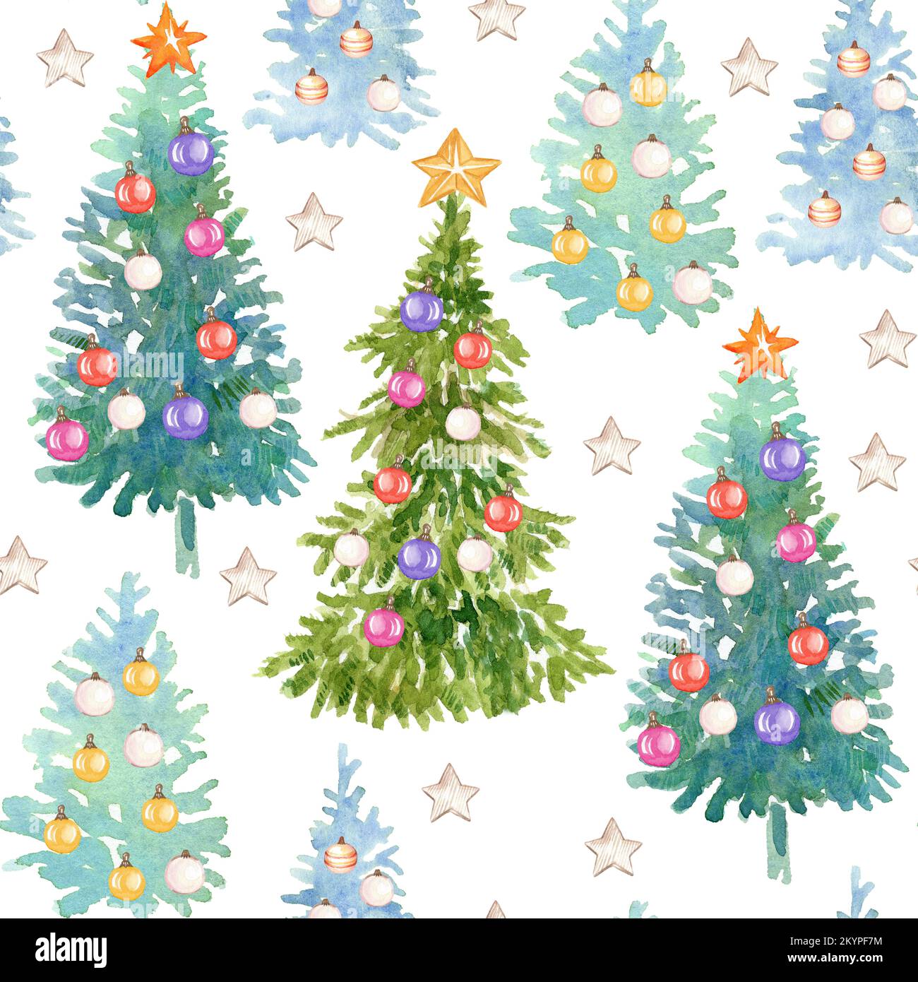 Seamless pattern Christmas tree winter forest. Hand drawn watercolor ...