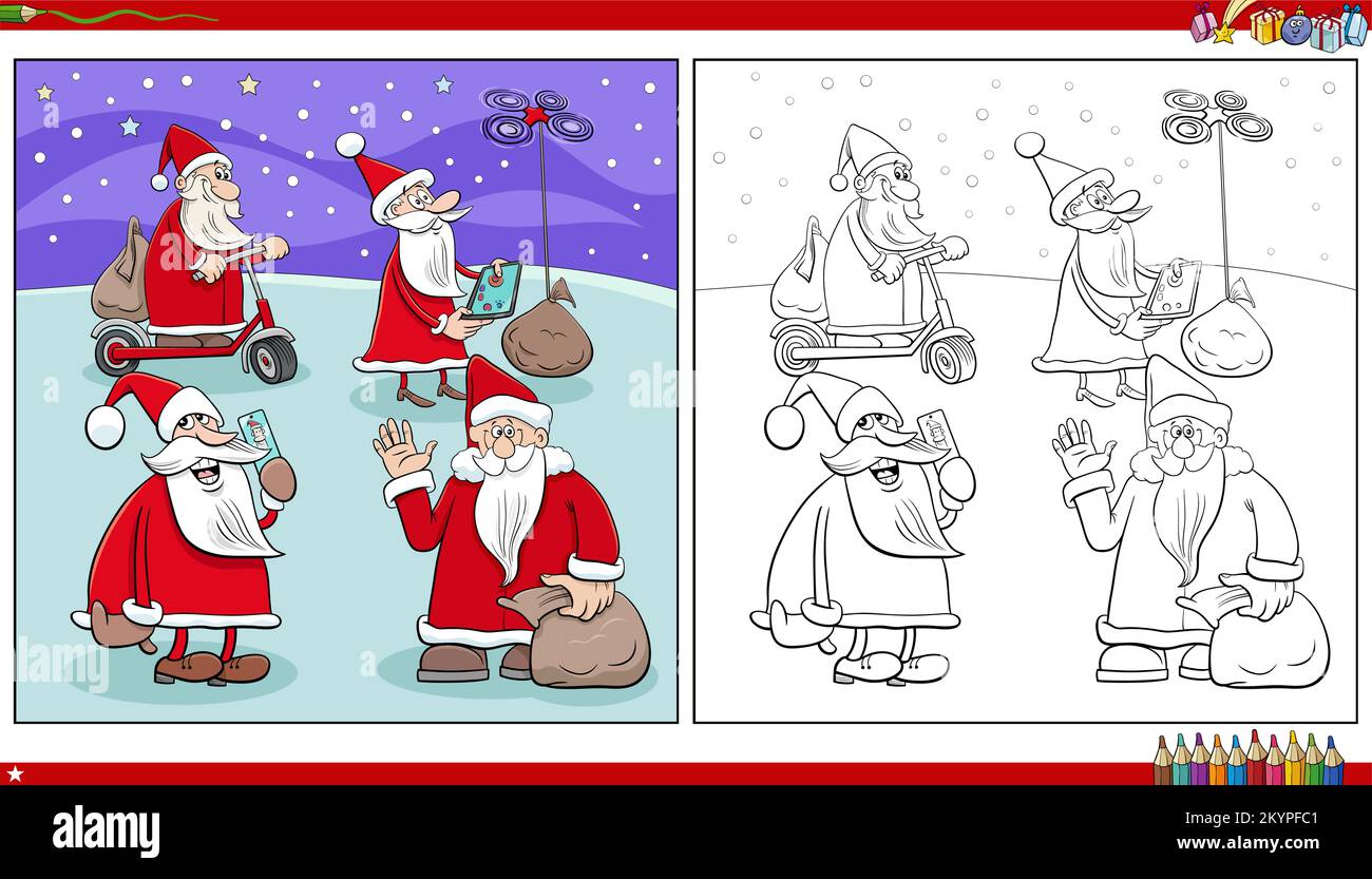 Cartoon illustration of Santa Claus characters on Christmas time ...