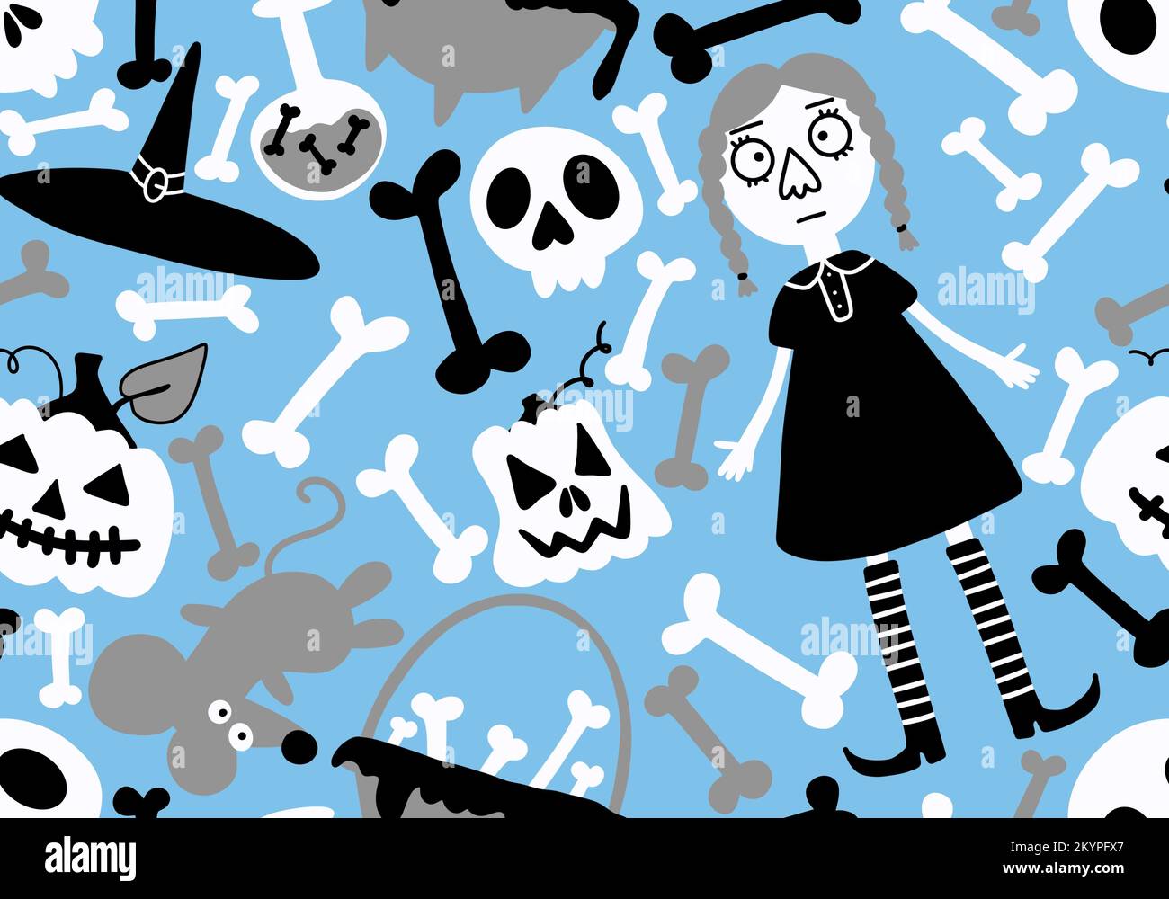 Cartoon Halloween seamless witch and bones and pumpkins pattern for ...