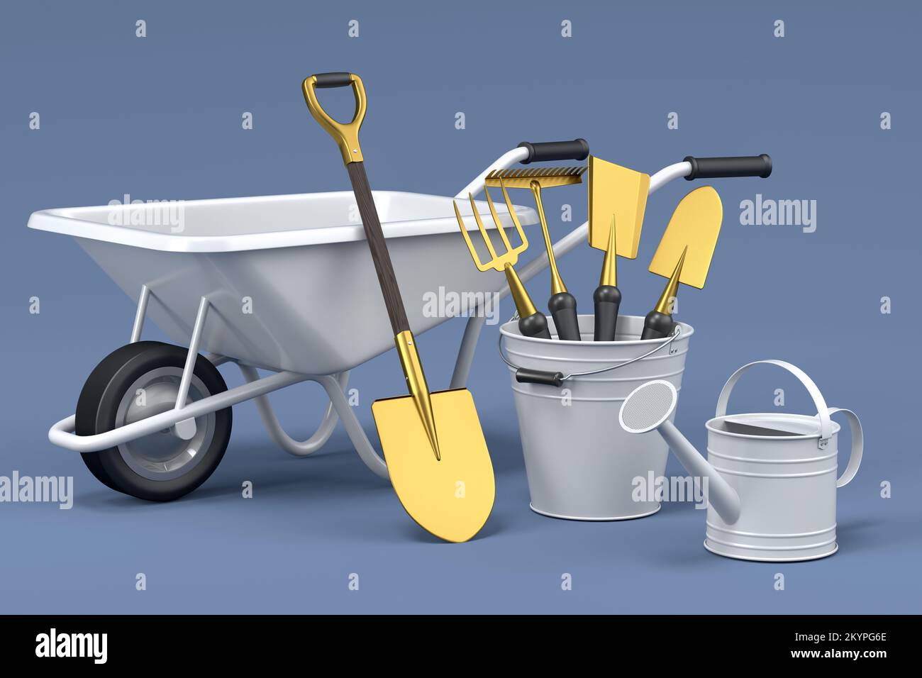 Garden wheelbarrow with garden tools like shovel, rake and fork on grey ...