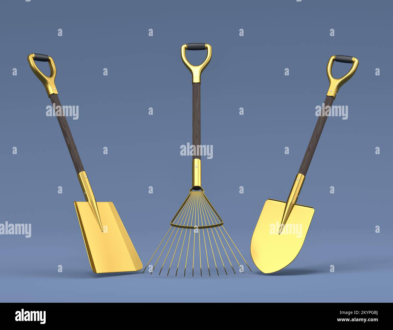 Garden shovel, pitchfork and rake on grey background. 3d render of ...