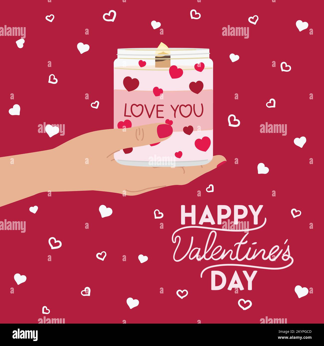 Valentine s day square greeting card with candle, female hand, greenery ...