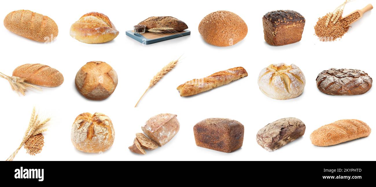 Collage of crunchy loaves of bread with spikelets on white background ...
