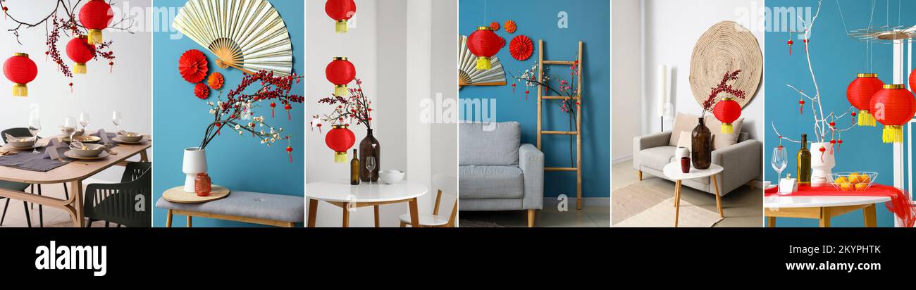 Collage with interiors decorated for Chinese New Year celebration Stock ...