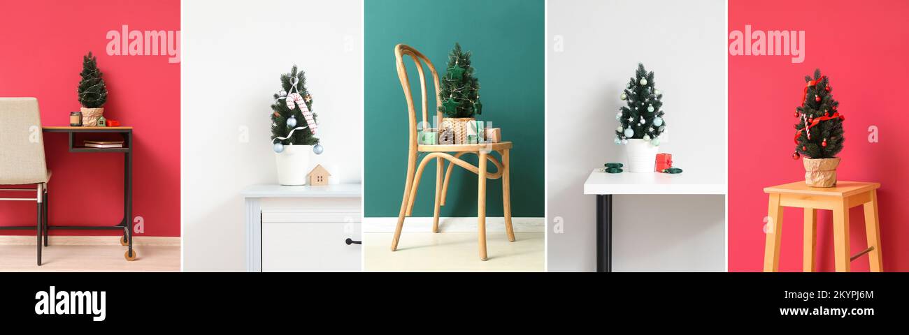 Collage with many Christmas trees on colorful background Stock Photo ...