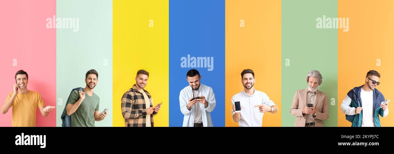 Group of men with mobile phones on color background Stock Photo - Alamy