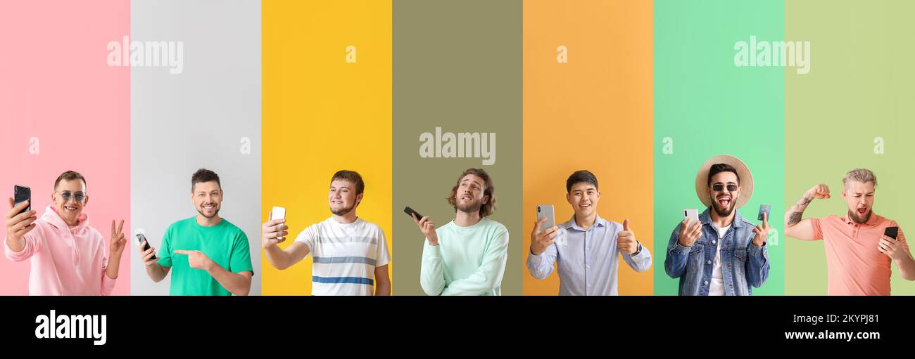 Set of men with mobile phones on color background Stock Photo - Alamy