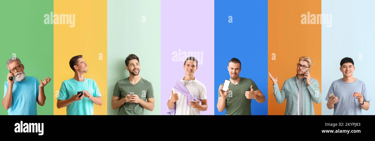 Group of modern men with mobile phones on color background Stock Photo ...