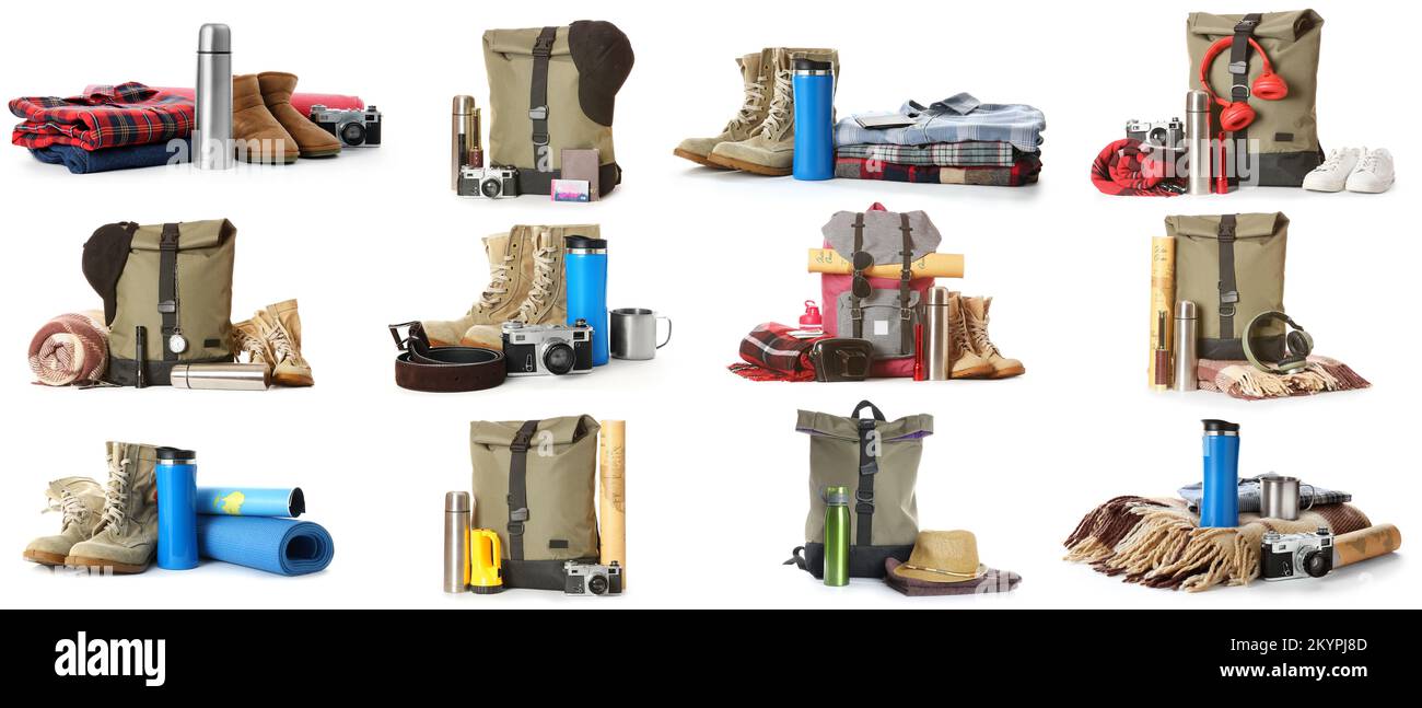 Group of traveler's accessories on white background Stock Photo - Alamy