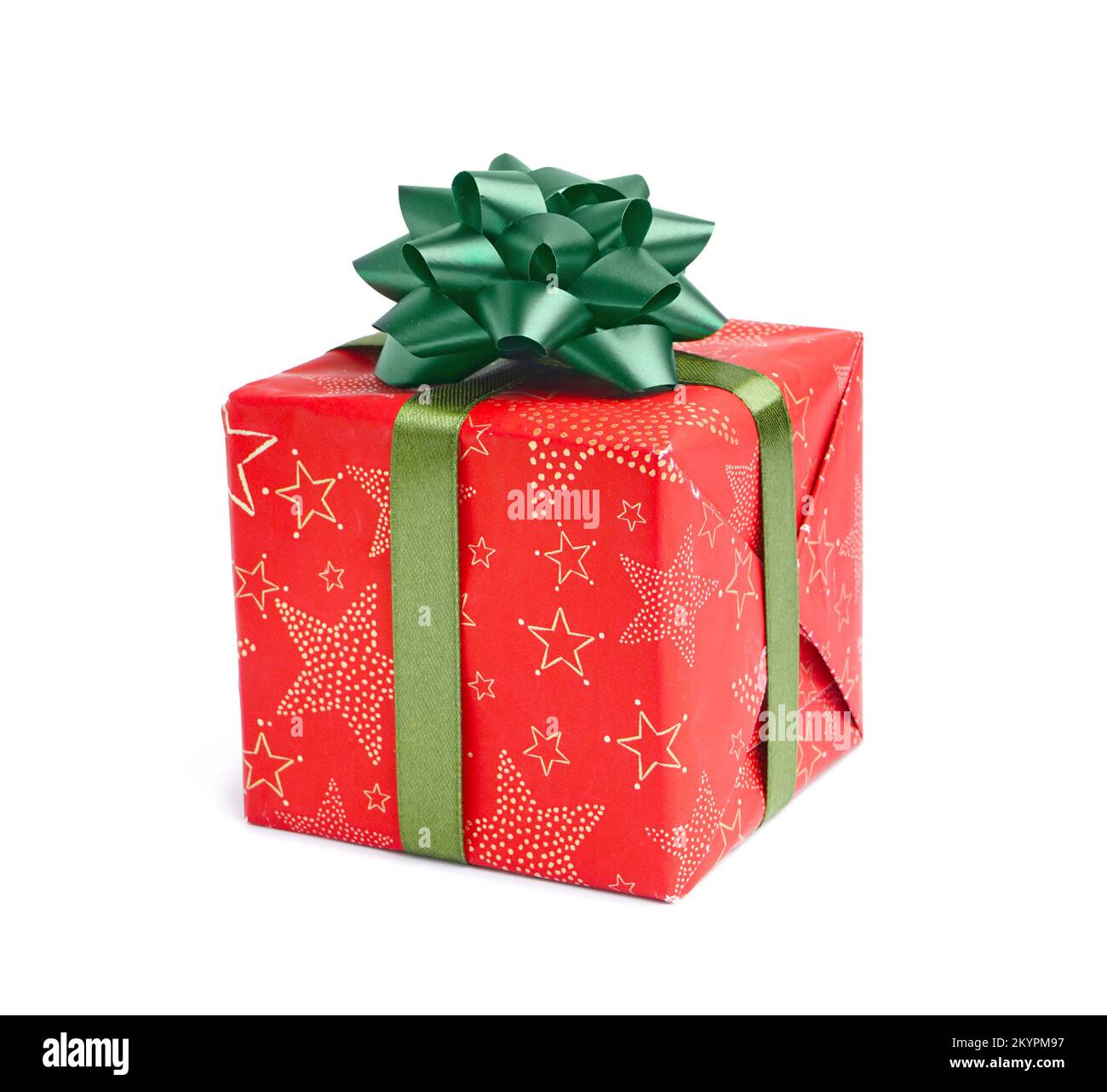 Christmas gift box with green bow on white background Stock Photo - Alamy