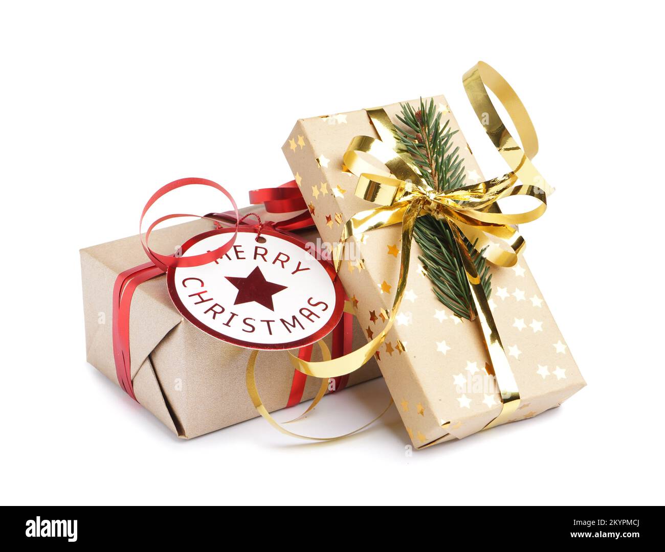 Christmas gift boxes with bows on white background Stock Photo - Alamy