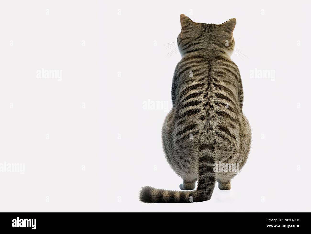 Backside view of brindle cat sitting isolated on white background. Rear ...