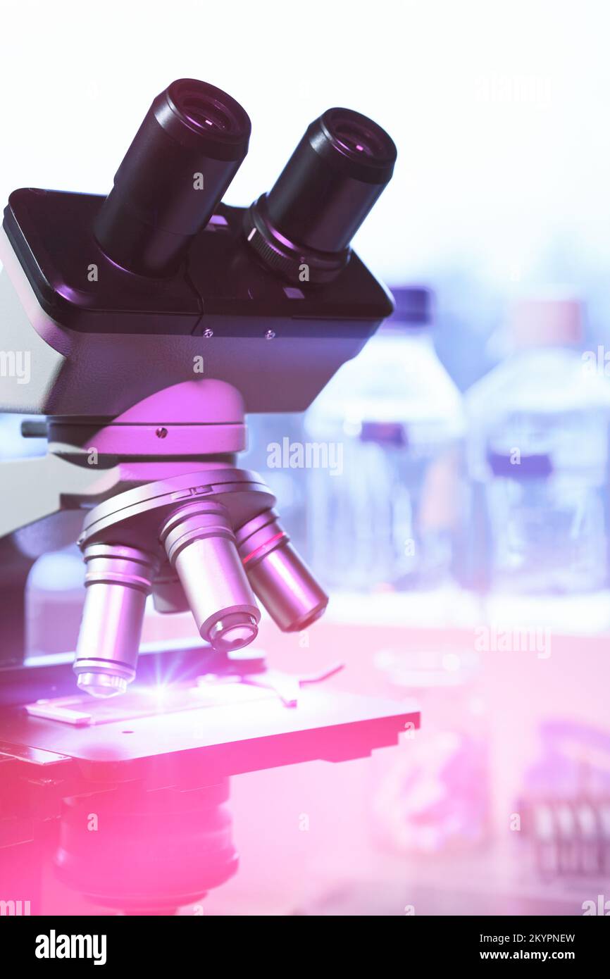 Microscope in research laboratory. Scientific, medical, education ...