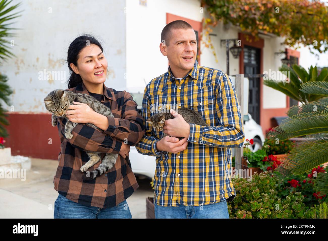 Man and woman with cats in their arms on the background of a country ...